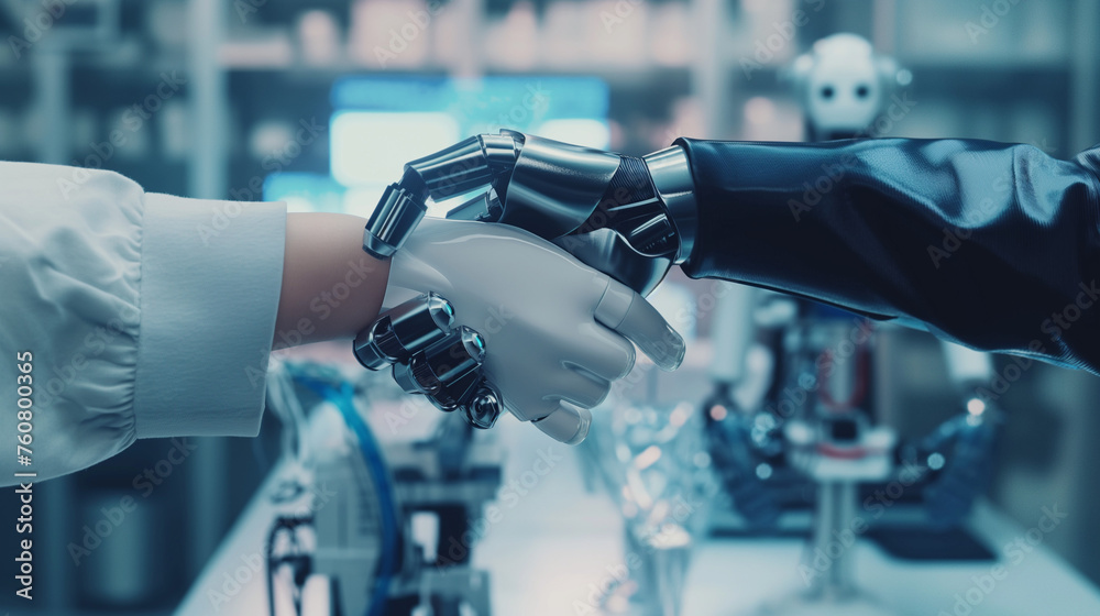 Handshake between human and robot in a research lab, working together ...