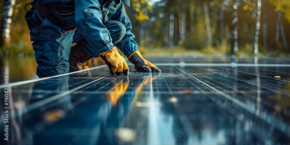 Engineer enhancing solar panel performance by removing dust and maintaining cleanliness. Concept ...