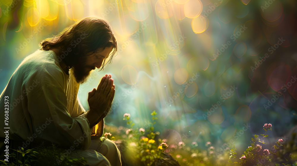 Jesus in intense prayer and supplication before betrayal and crucifix ...