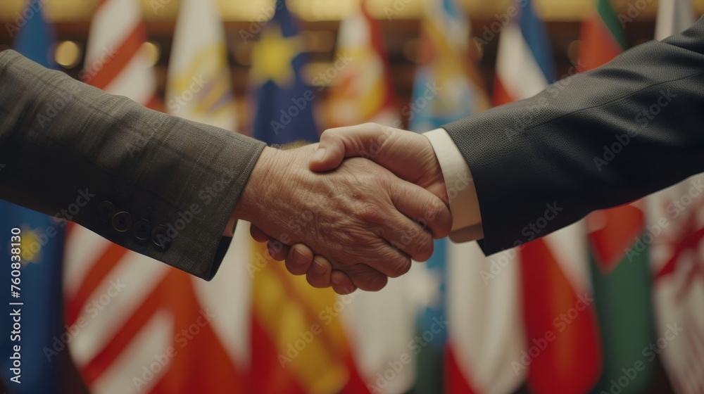 Trade Negotiation Agreement: Two diplomats shaking hands in front of ...