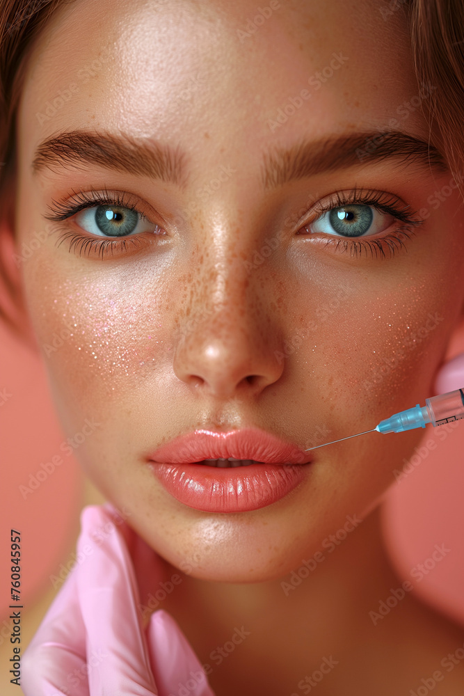 Beauty facial injections. Young beautiful woman receives Botox injection for face lifting ...