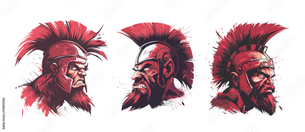 Roman warrior avatars angry man heads cartoon style vector set. Spartan ...