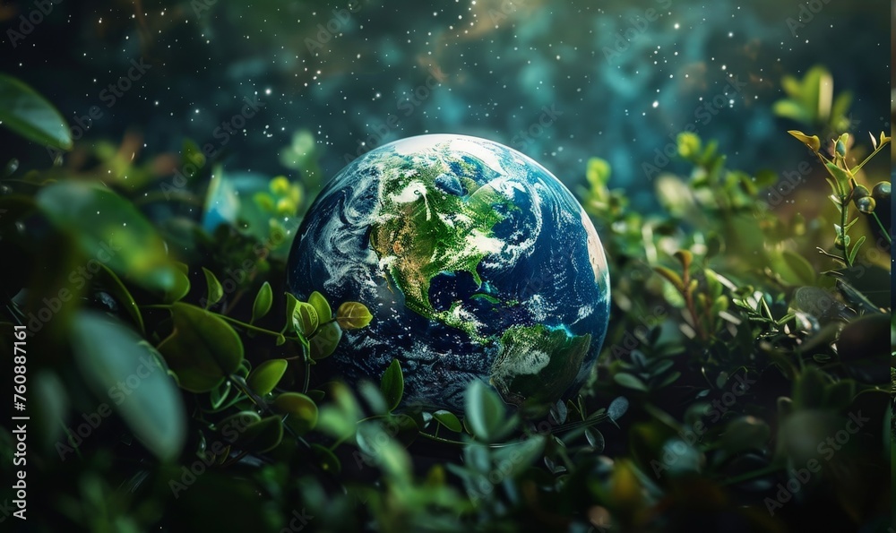 Planet earth surrounded by greenery on neutral background. Lifestyle ...