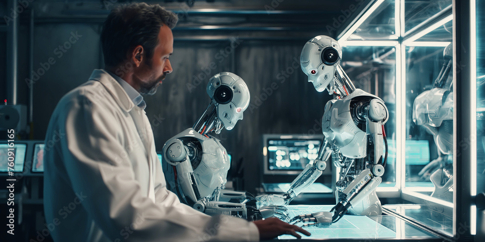 Scientist Interacts with Advanced Humanoid Robots in High-Tech ...