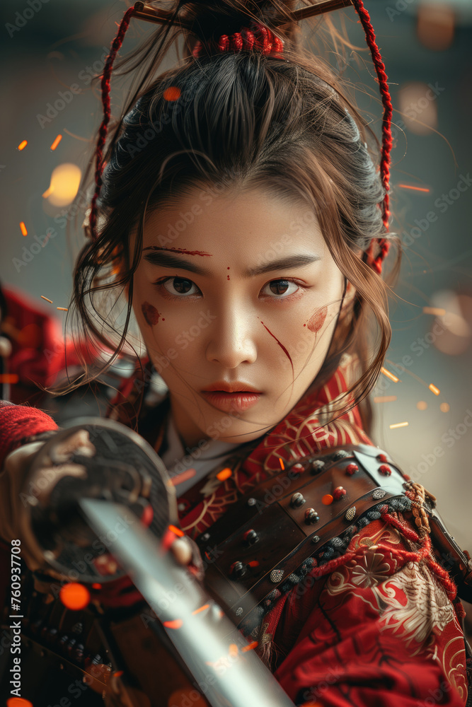 Digital art of female samurai with a katana. Fantasy scene of japanese ...
