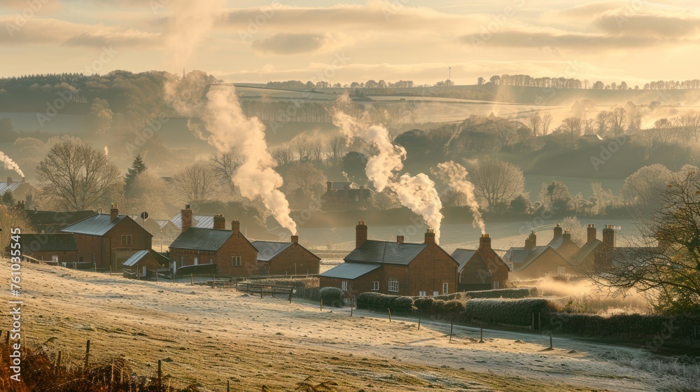 Quiet countryside landscape with smoke rising from chimneys. As the ...