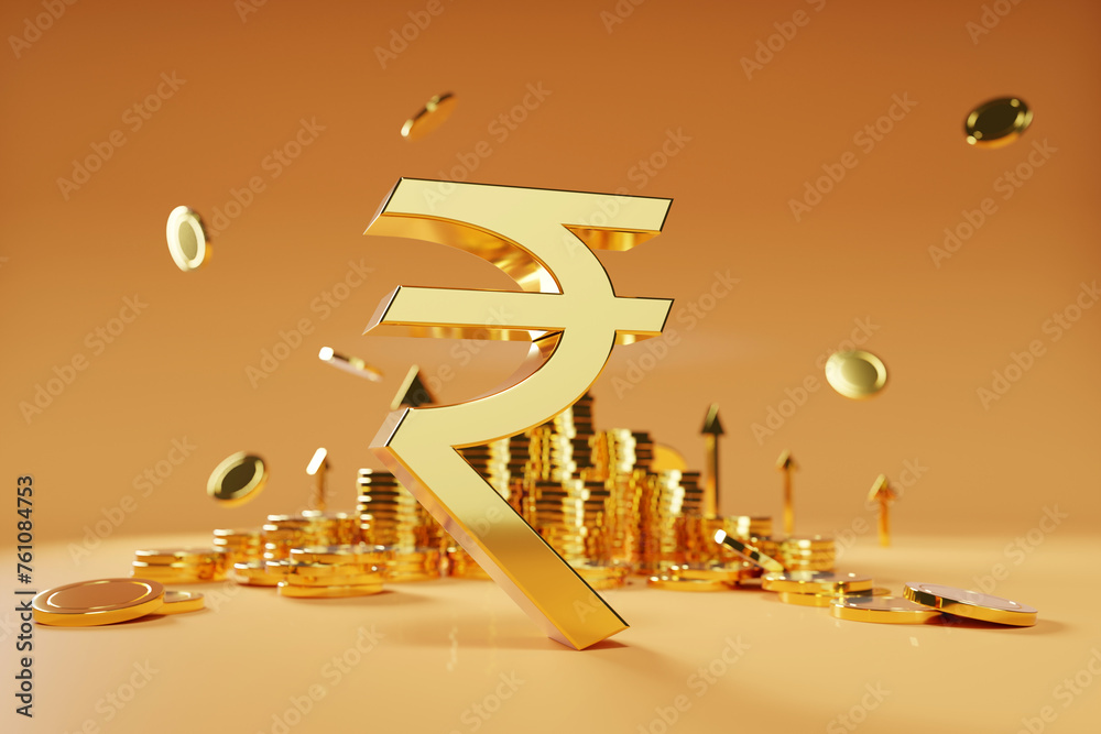 3D rendering Indian Rupee sign, Indian rupee sign and golden coin with ...