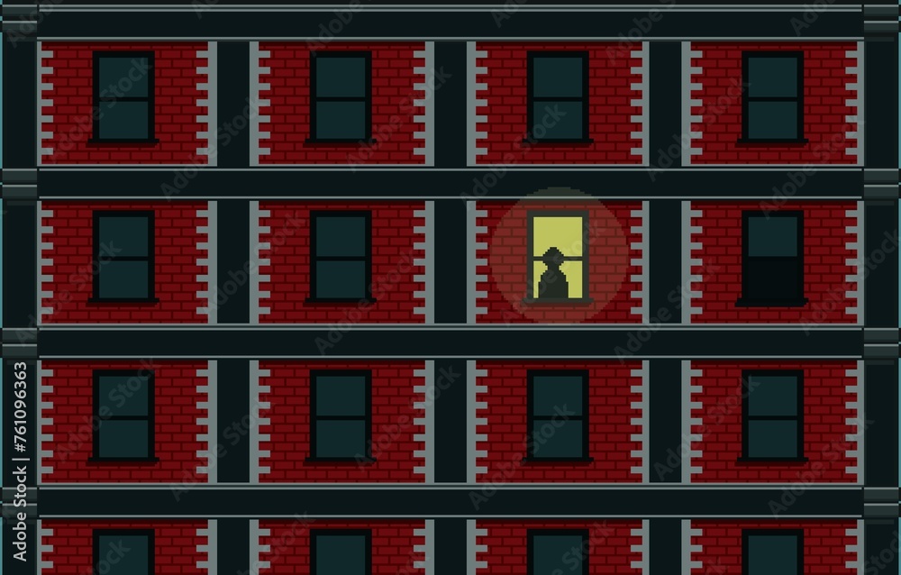 Illustration Stock Apartment building with many windows and red brick ...
