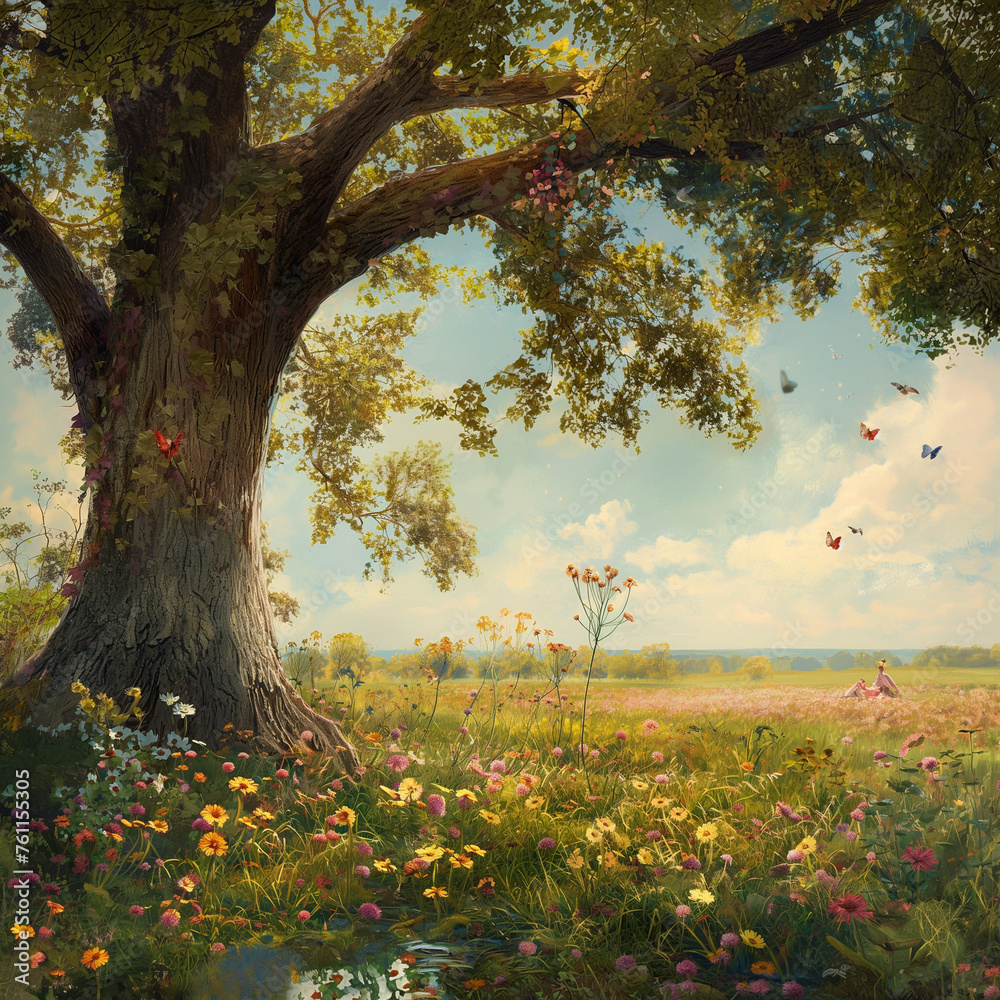 Freude, Kastanienbaum, saftige Wiesen, Blumen, blendender sonniger ...