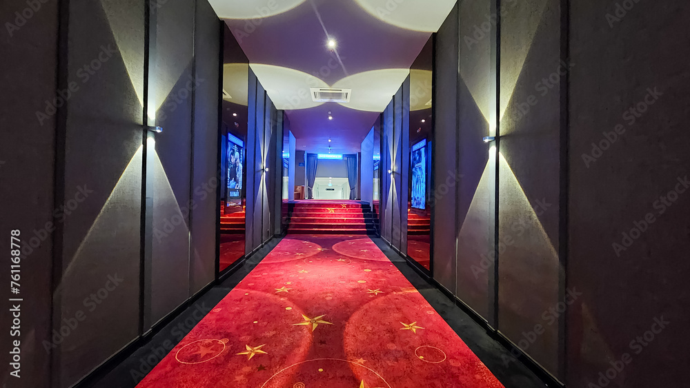 The atmosphere in a SF Cinema movie theater waiting room is empty and ...