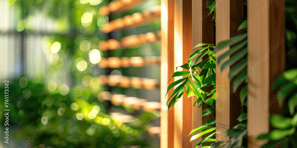 Greenery on Wooden Slats - Indoor Plant Partition in sunlight. Lush ...