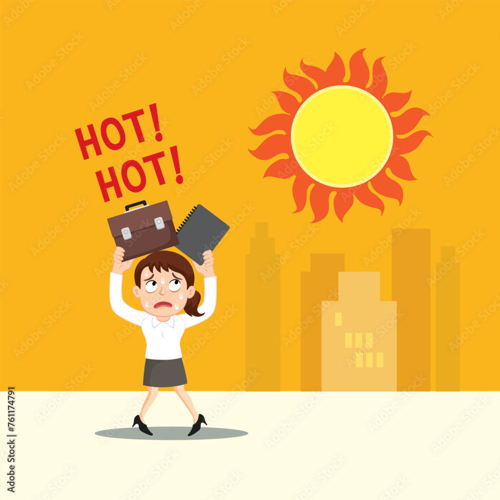 Hand drawn businesswoman standing under sun on a hot day. Angry sun ...