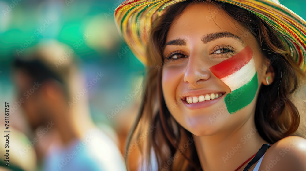 Beautiful happy young woman football fan wearing a hat with Hungary ...