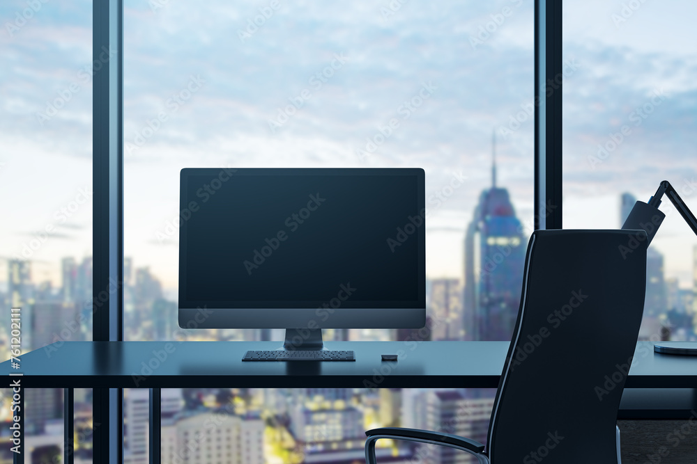 Stockillustratie Clean office interior with empty computer monitor on ...