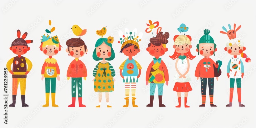 Variety of cartoon vector children in colorful outfits. A diverse group ...