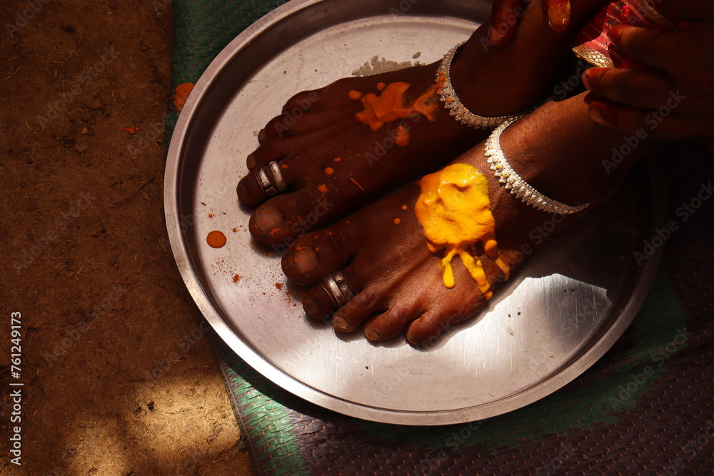 "Haldi" In traditional wedding Ceremony. Close up shot of turmeric ...