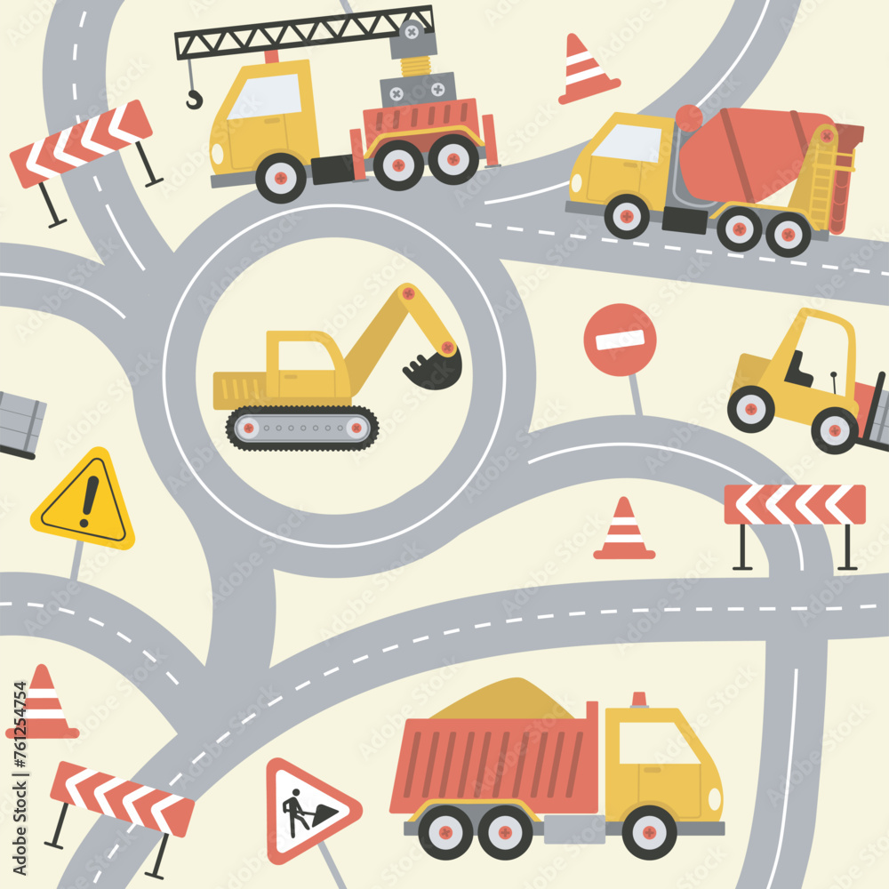 Road construction site in cartoon style.. Cute children's seamless ...