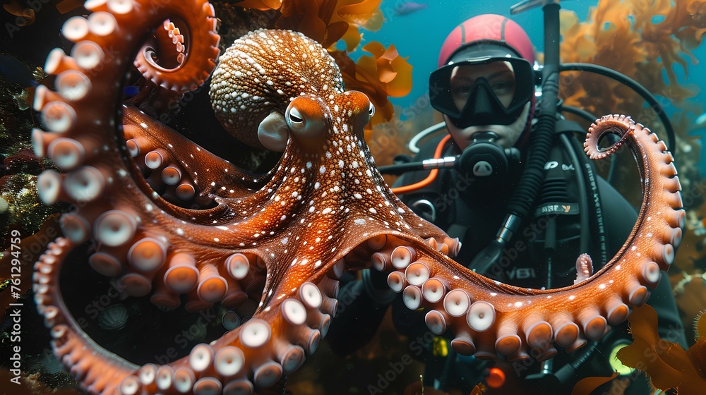 Diver Encountering a Giant Octopus Undersea,An underwater explorer ...