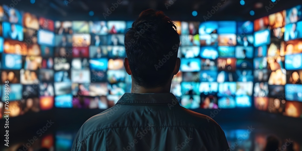 depicts the back view of a person engrossed in a multi-screen display ...