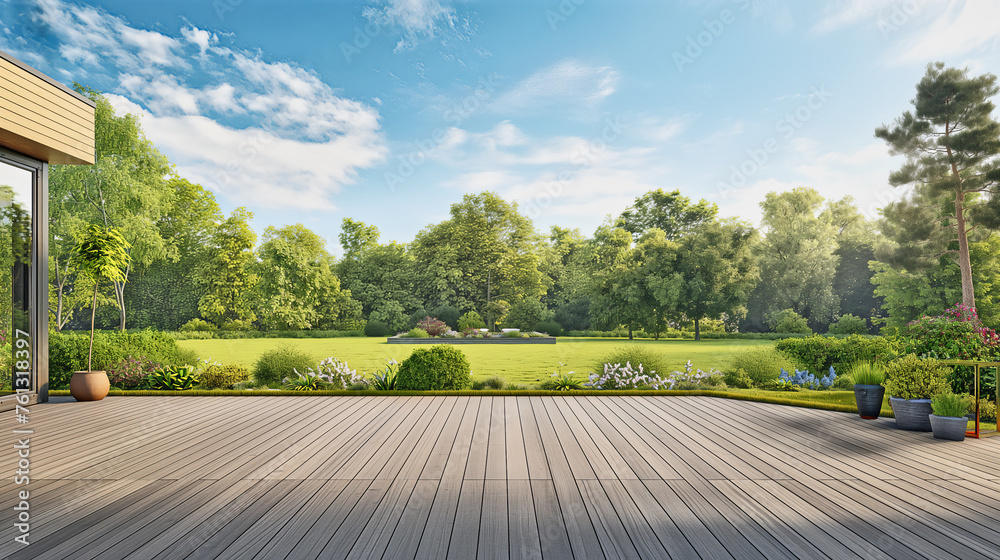 Beautiful garden with seating and lush greenery, captured from the ...