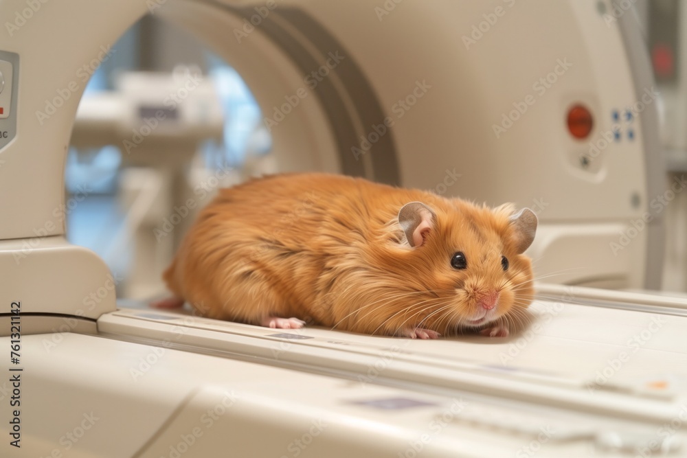 hamster lying on the CT scanner in a veterinary clinic, copy space for ...