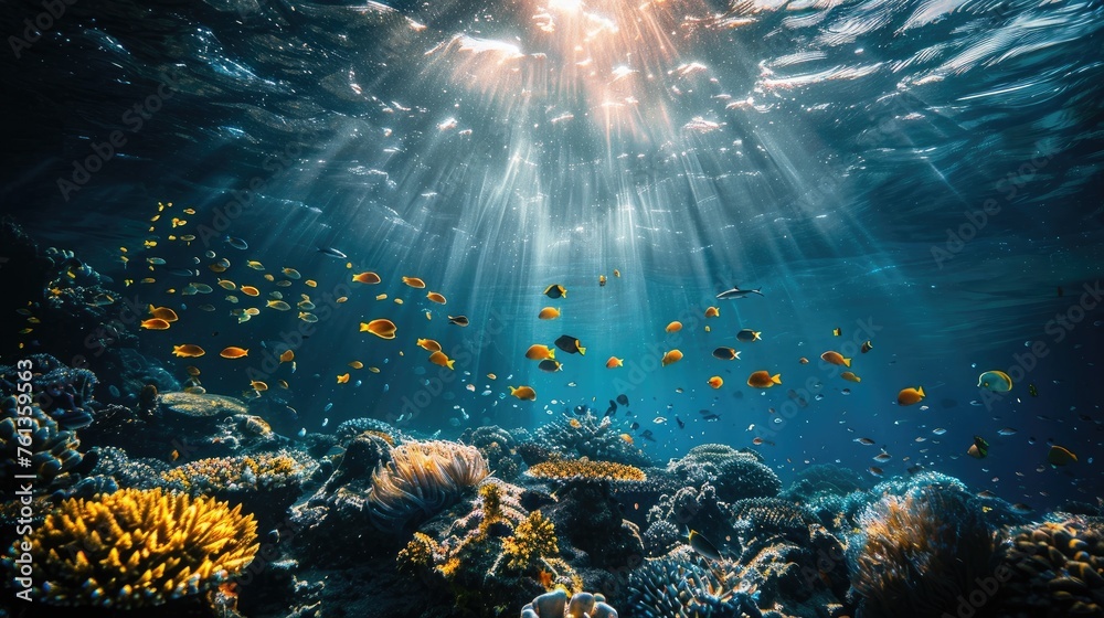 "Underwater world with tropical fish. Marine life landscape. Sunbeams ...