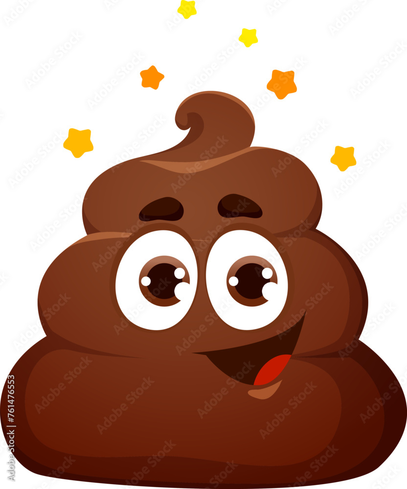 Cartoon poop emoji with gold stars. Funny poo excrement vector ...