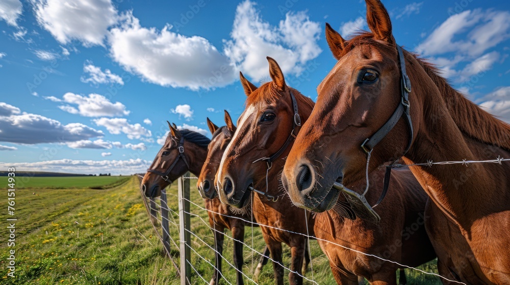 ภาพถ่าย Stock lineup of horses - horses putting their heads together ...