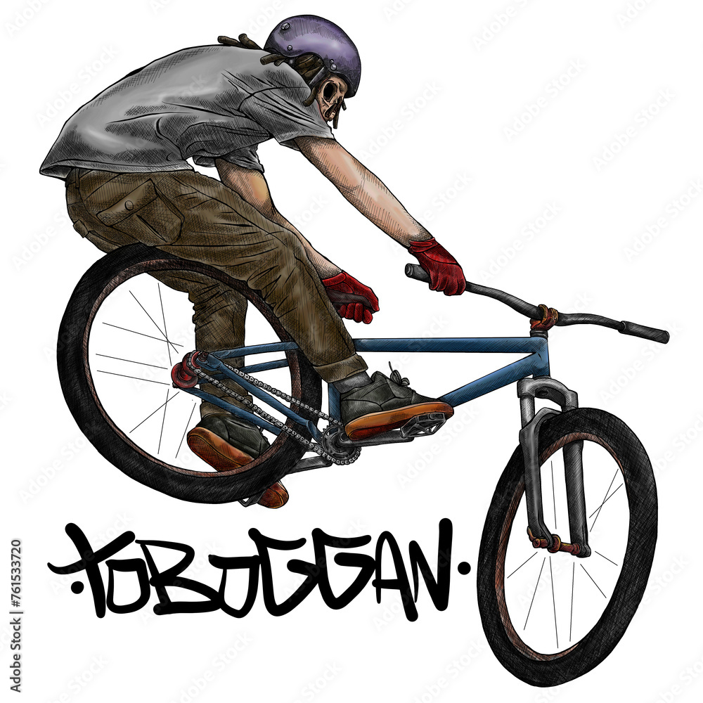 toboggan color skull head bike trick while flying with mtb mountain ...