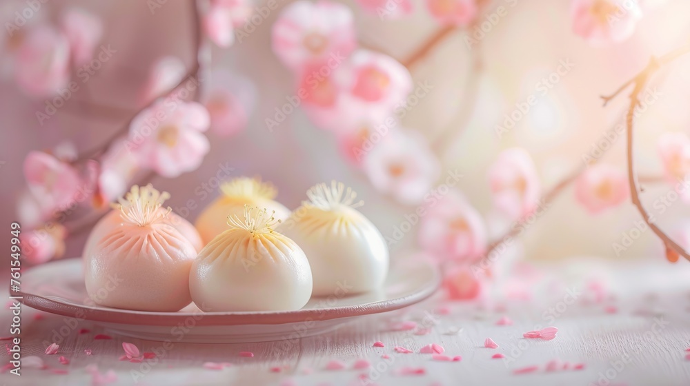 Assortment of pastel steamed buns in gentle blues and lavender ...