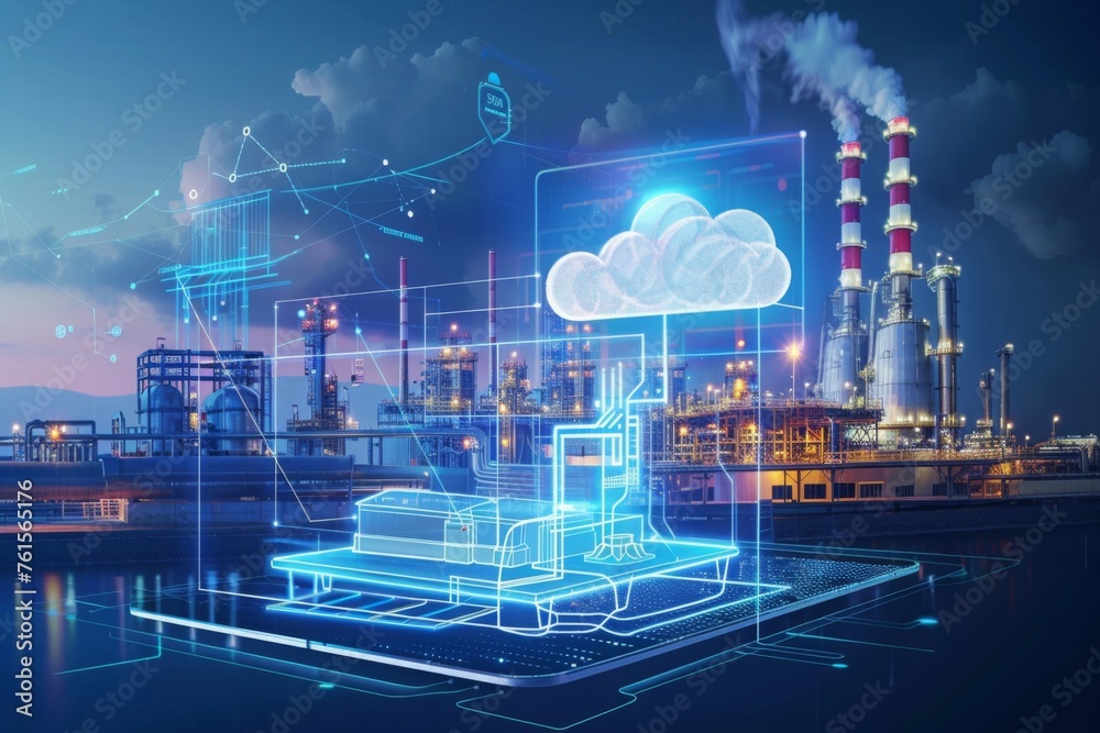 Modern factory, communication network. Telecommunication. IoT, Internet ...
