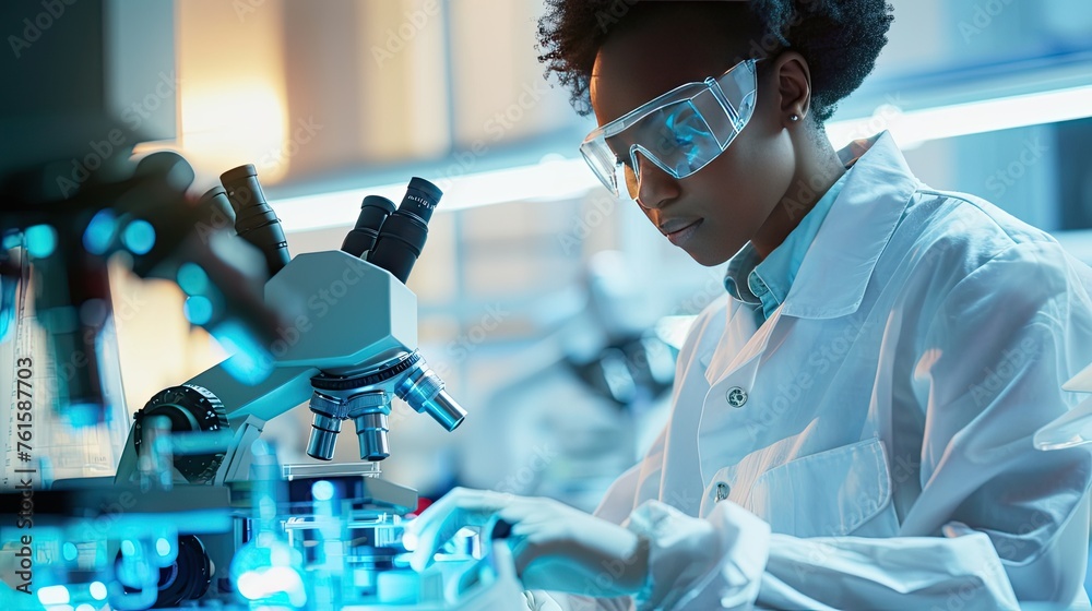 African-American woman working with scientific equipment in modern high ...