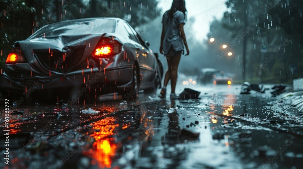 An unsettling image showing the aftermath of a car crash on a rainy ...