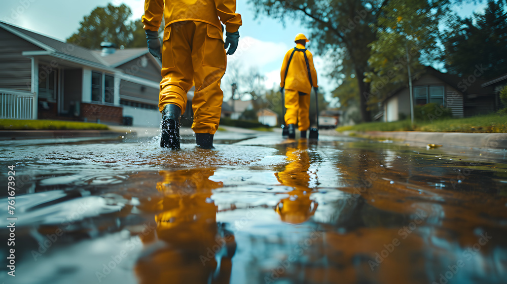 Residential cleaning crew walking in yellow hazmat suits on a wet ...