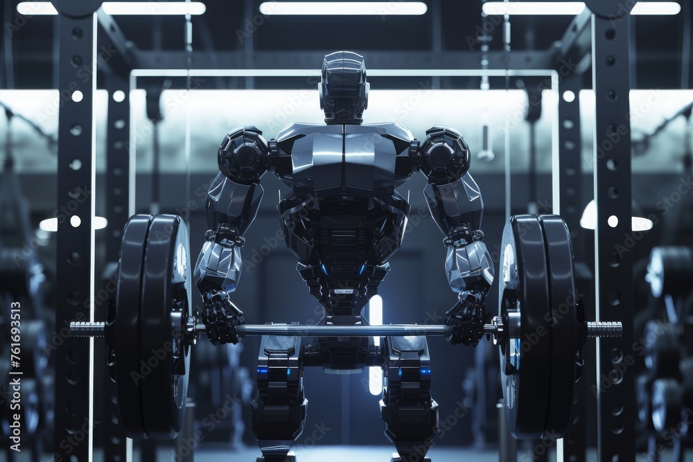 A robot stands confidently in front of a barbell in a busy gym, ready ...