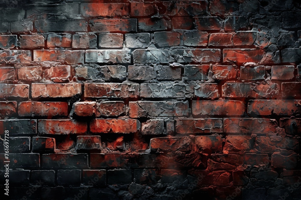 A red brick wall stands out against a stark black backdrop, creating a ...