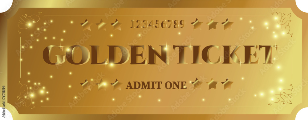 Golden ticket template for entry. Vector cinema ticket mockup (tear-off ...