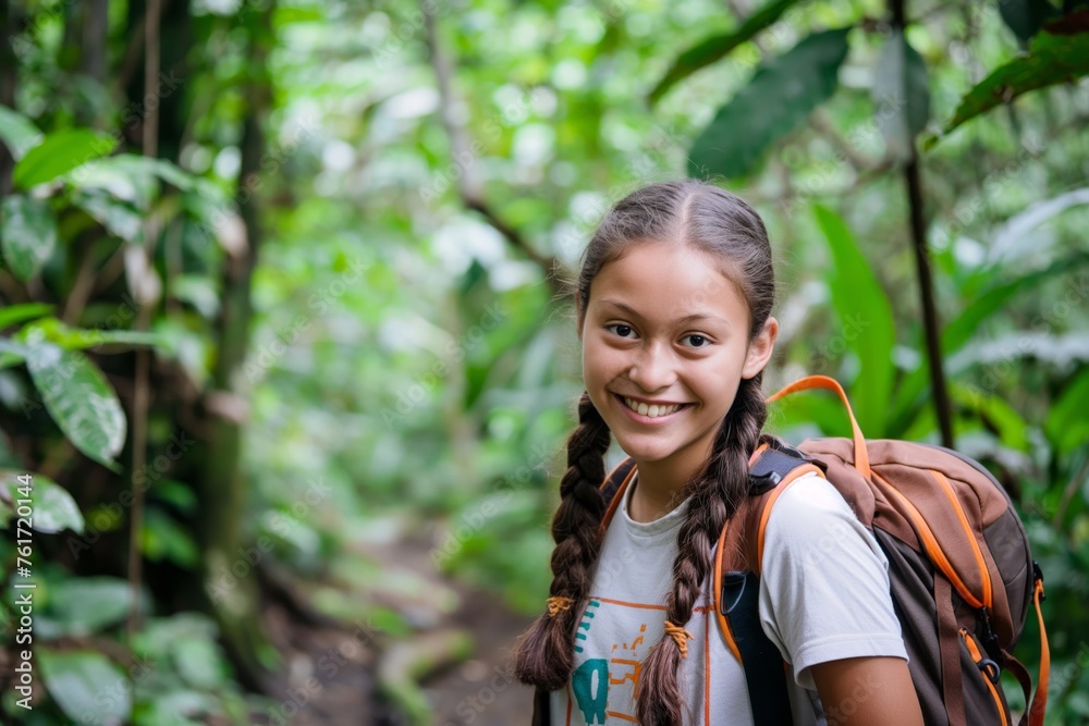 Cheerful pre-teen girl hiking with a backpack in a vibrant green jungle ...