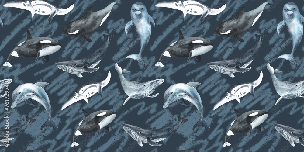 Seamless pattern. Repeating texture with marine mammals. Watercolor ...