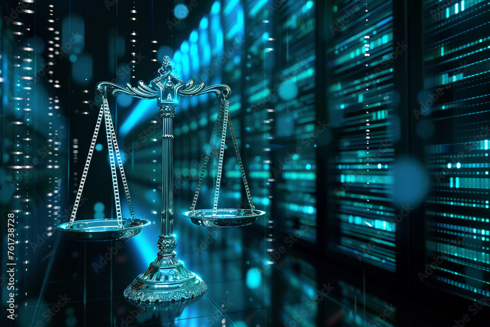 law scales against a data center background representing the digital ...