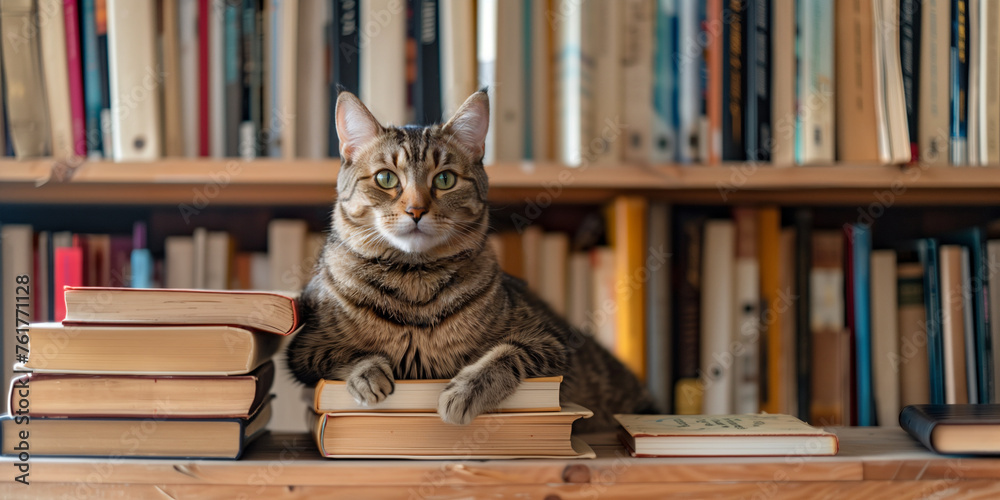 Tabby cat sitting behind a stack of books in a bookcase. Cozy home ...