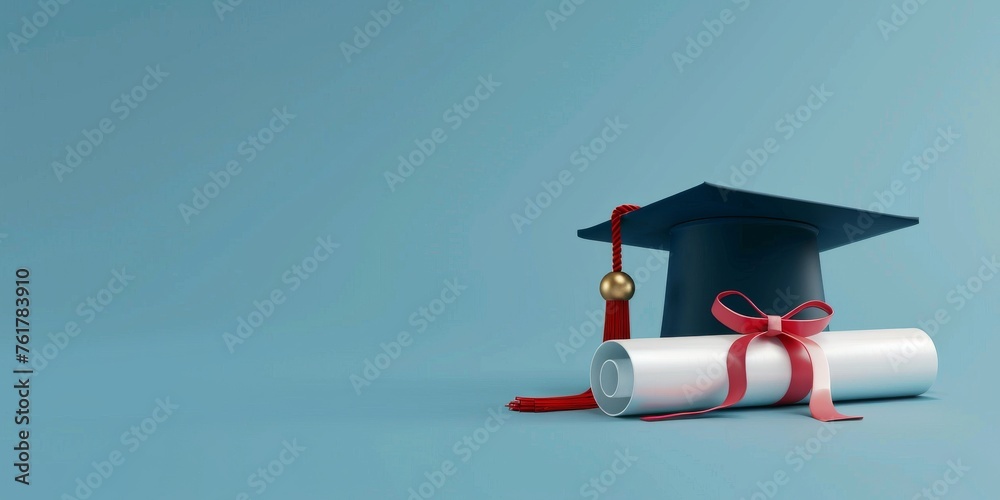Blue Background with graduation cap and diploma tied together with a ...
