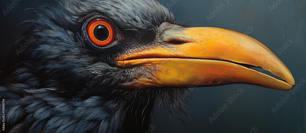Macro photography captured a close up of a black bird with a striking ...