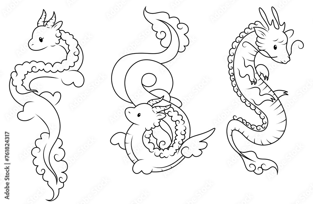Cute Chinese dragons drawn with lines clipart. Symbol of the year 2024 ...