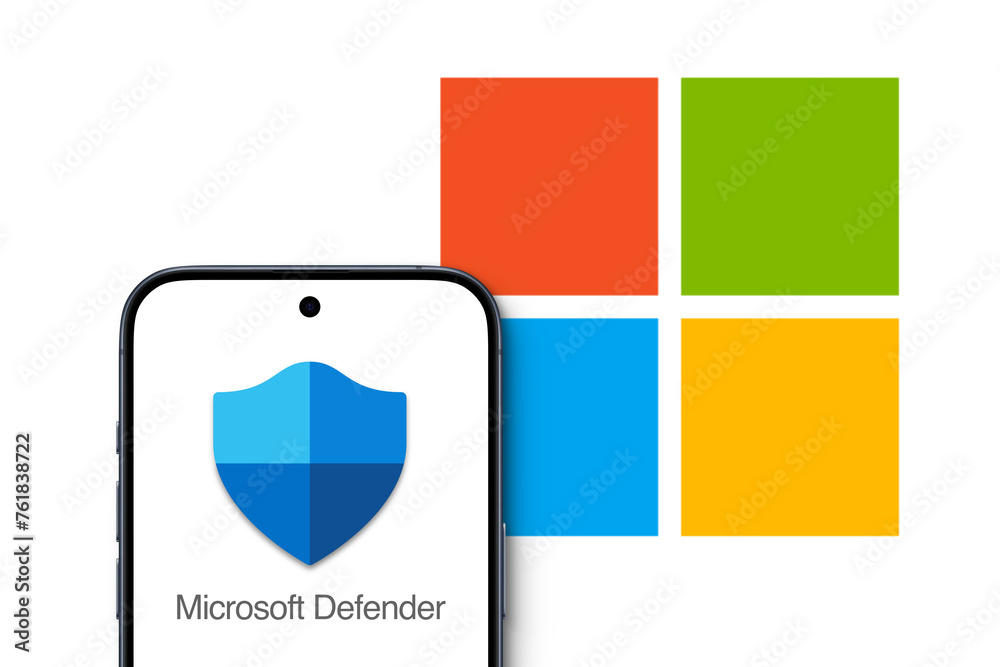 Microsoft Defender logo is shown on a modern smartphone, Microsoft logo ...