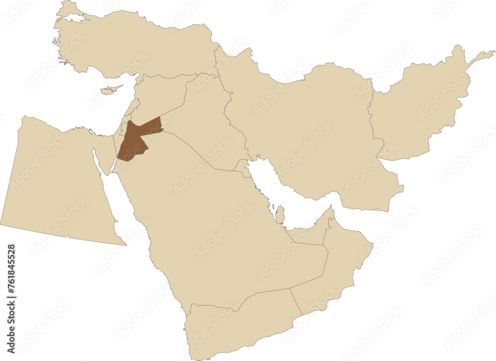 Dark brown detailed CMYK blank political map of JORDAN with black ...