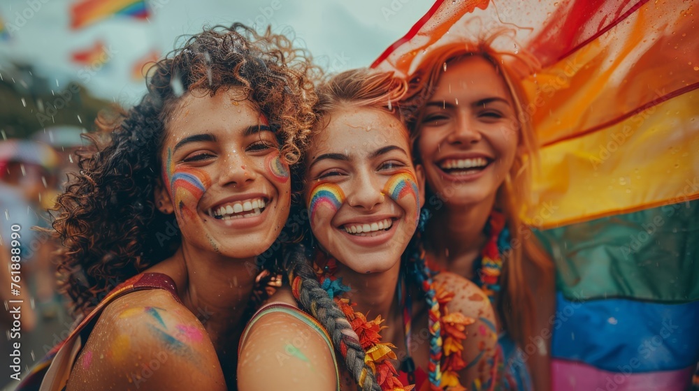 At the vibrant LGBTQ festival, smiling faces alongside waving rainbow ...
