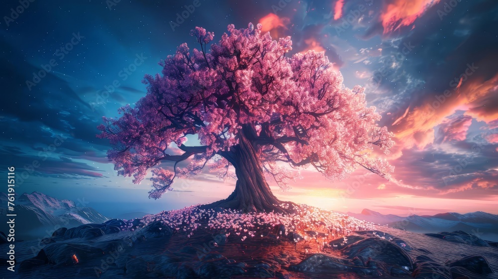 Tree of life concept depicted with a majestic tree in full bloom ...