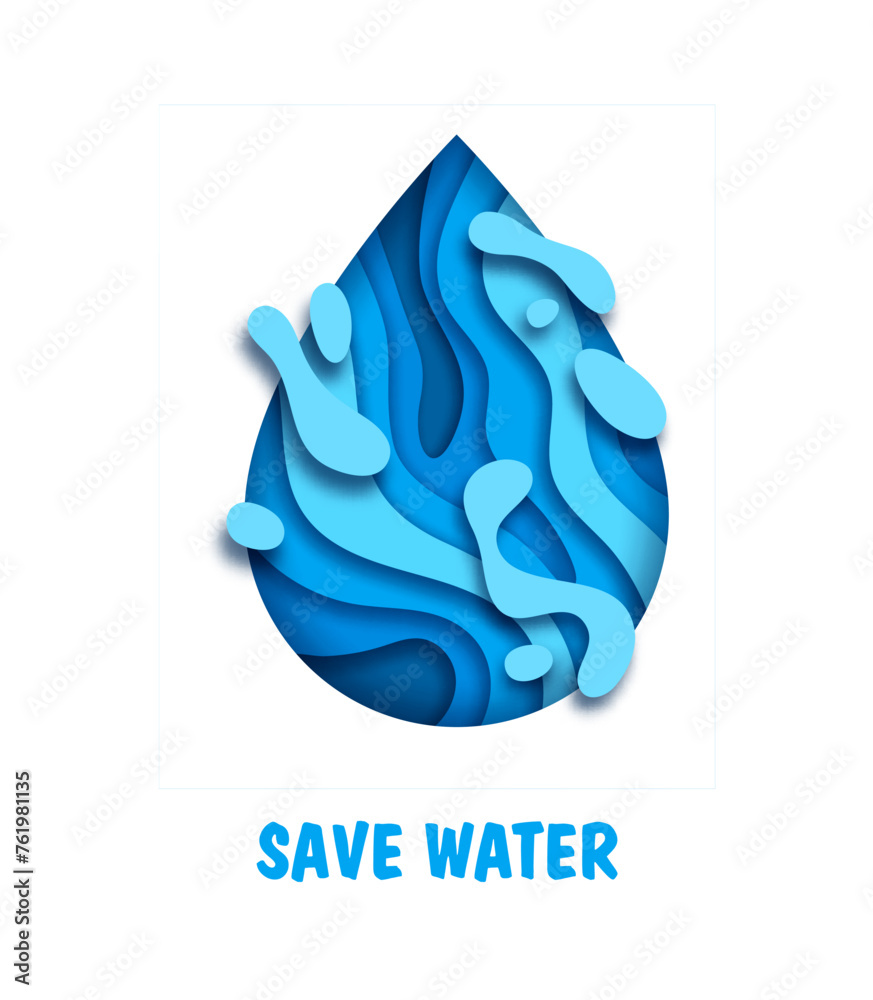 Blue water drop paper cut banner. Save water environment concept poster ...