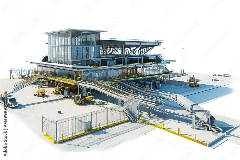 3D Render of airport terminal expansion, with construction crews ...
